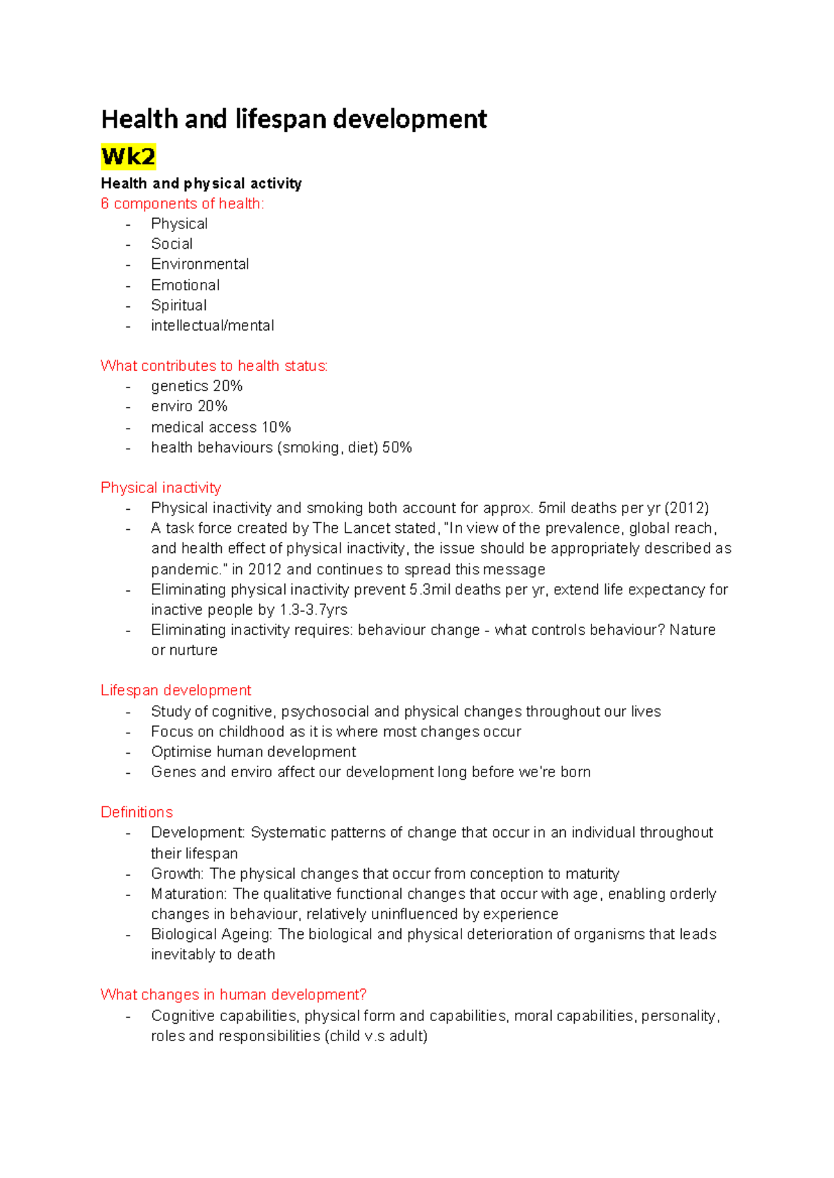 Lecture notes HLD - Health and lifespan development Wk Health and ...