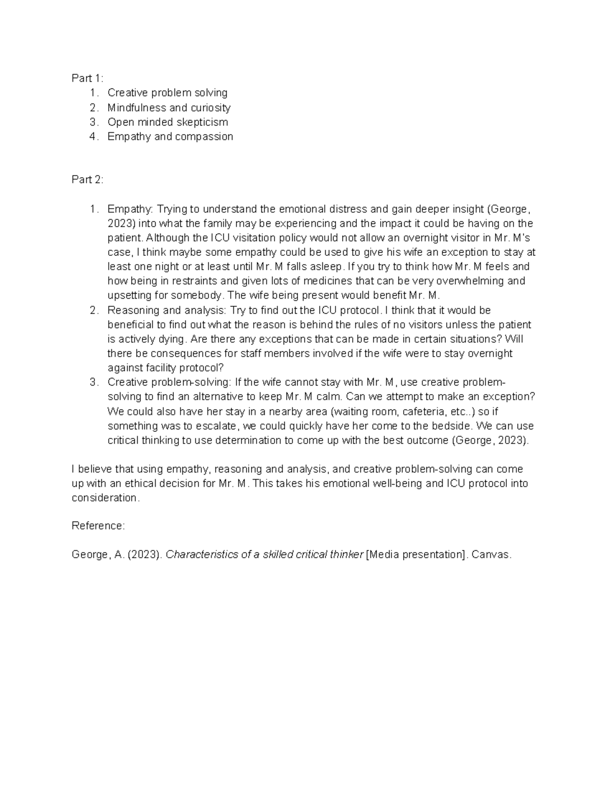 Ethics Week 2 Assignment: Empathy and Creative Problem-Solving in ICU ...