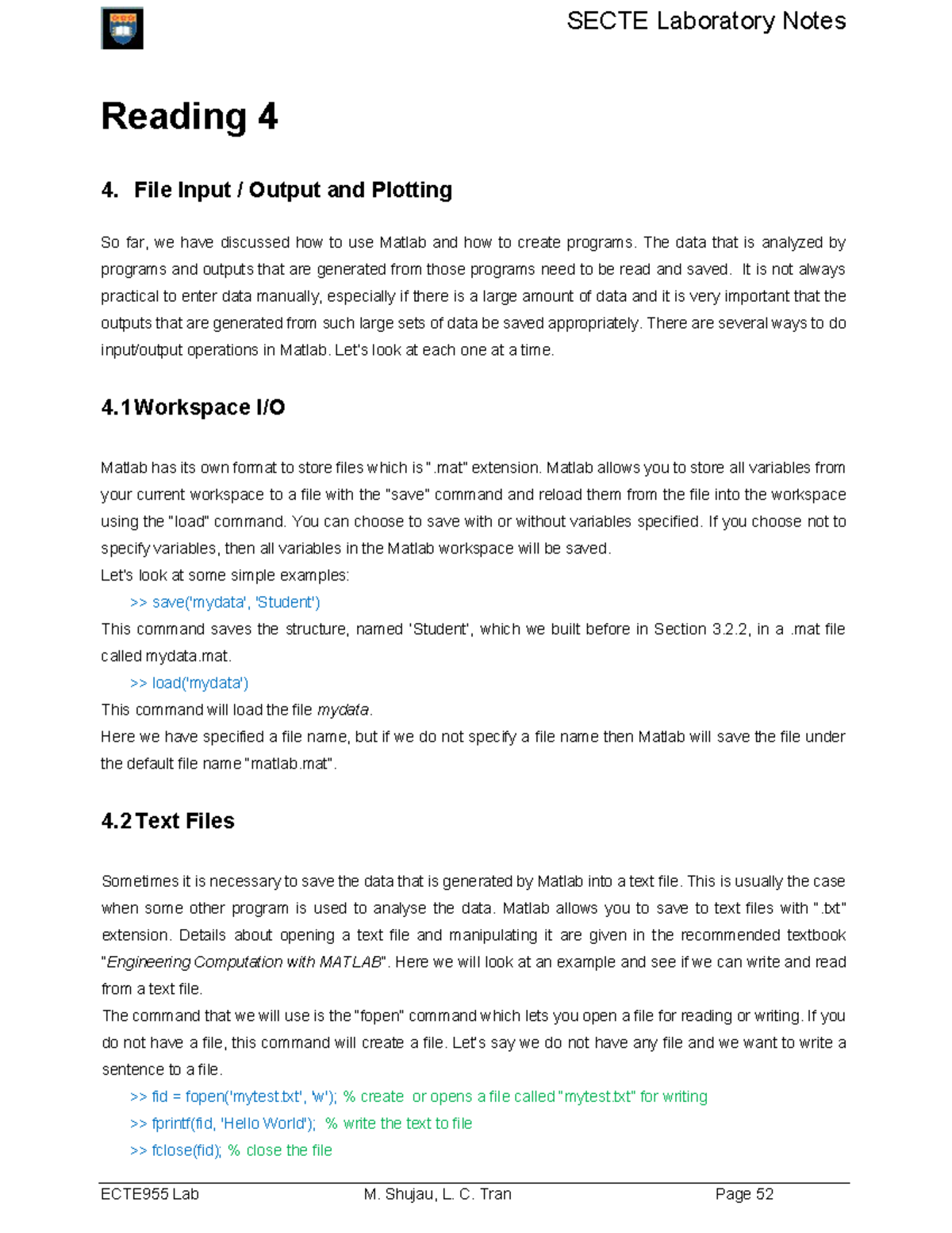 SECTE955 Laboratory Notes: File I/O and Plotting in Matlab - Studocu