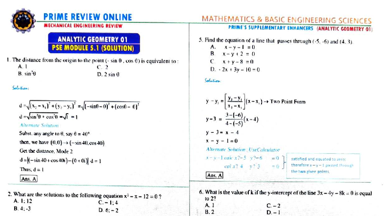 PRIME REVIEW ONLINE MECHANICAL ENGINEERING REVIEW (ANALYTIC GEOMETRY 01 ...