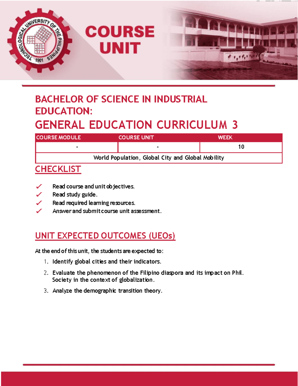 CU-10 - course unit - BACHELOR OF SCIENCE IN INDUSTRIAL EDUCATION ...
