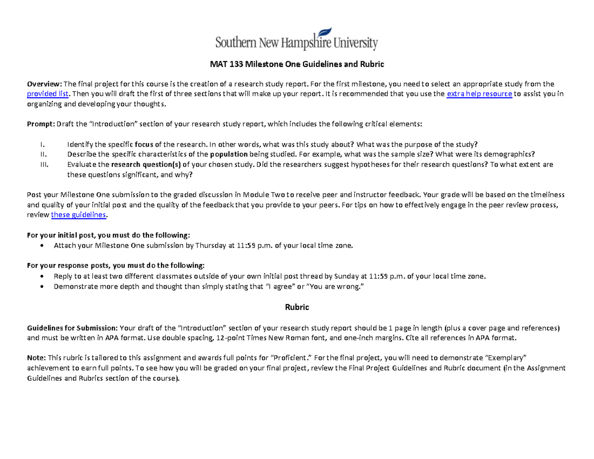 MAT 133 Milestone One: Introduction Section Guidelines & Rubric - Studocu
