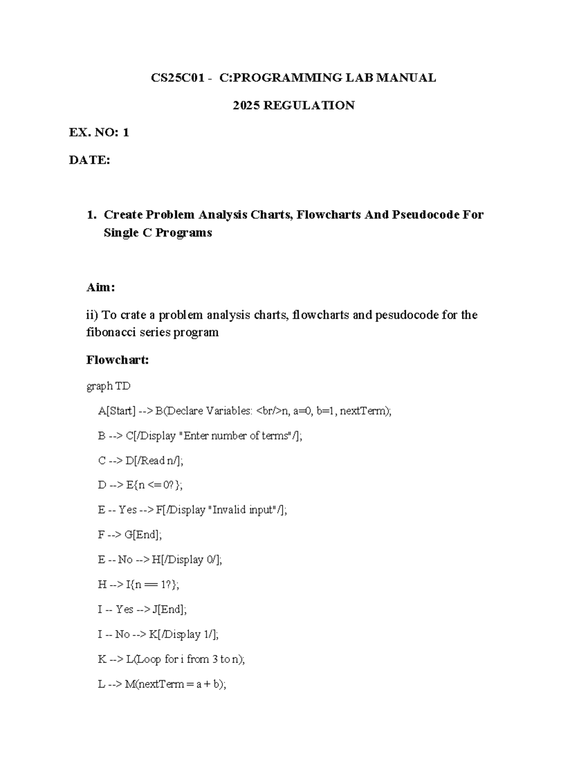 CS25C01 Programming Lab Manual: Fibonacci Series Flowchart & Pseudocode - Studocu