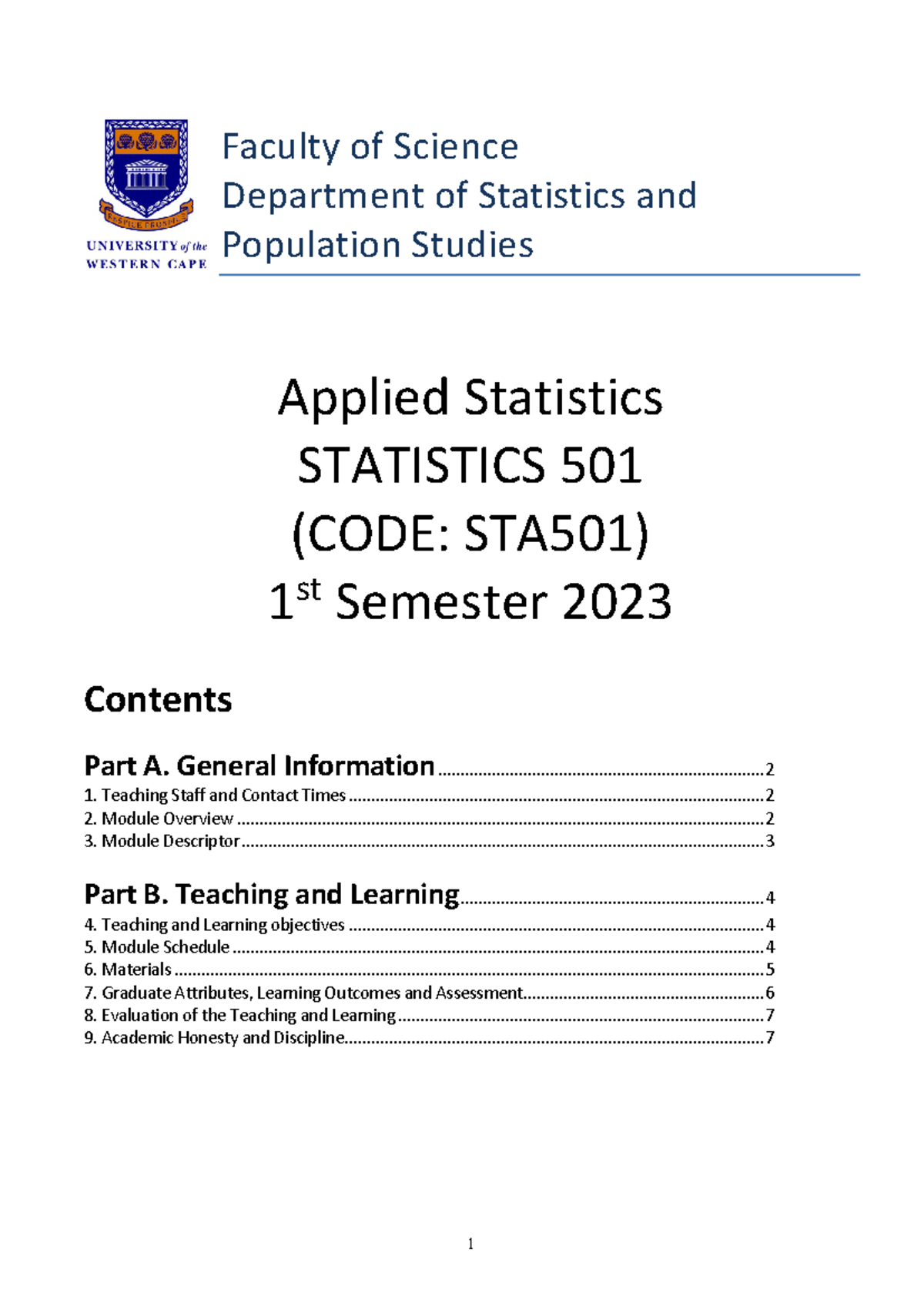 STA501 Applied Statistics Course Outline and Semester Overview 2023 ...