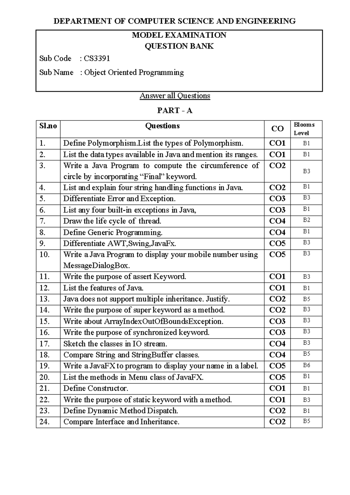Object oriented programming - MODEL EXAMINATION QUESTION BANK Sub Code ...