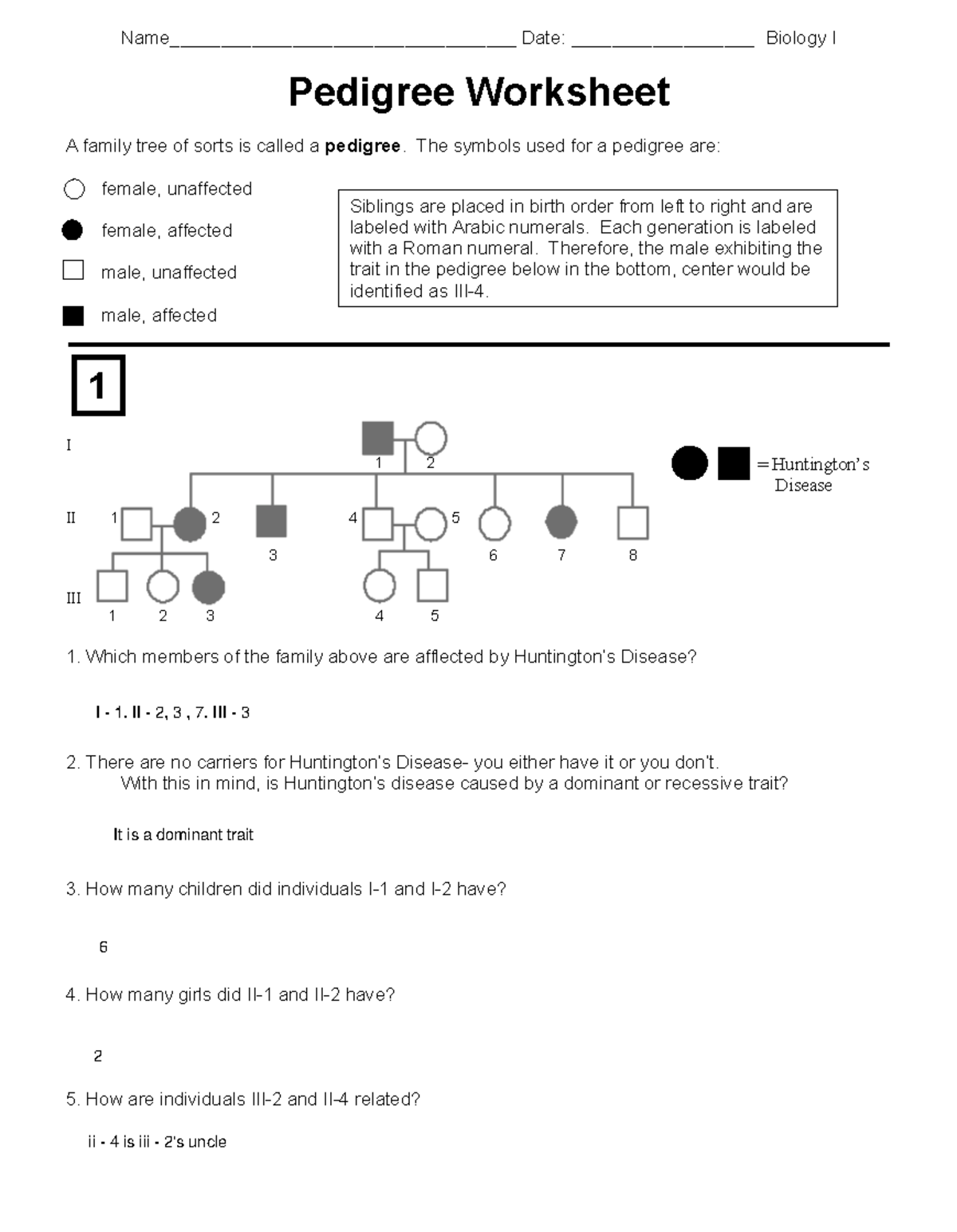 Pedigree Practice Problems (Completed) - Name ...