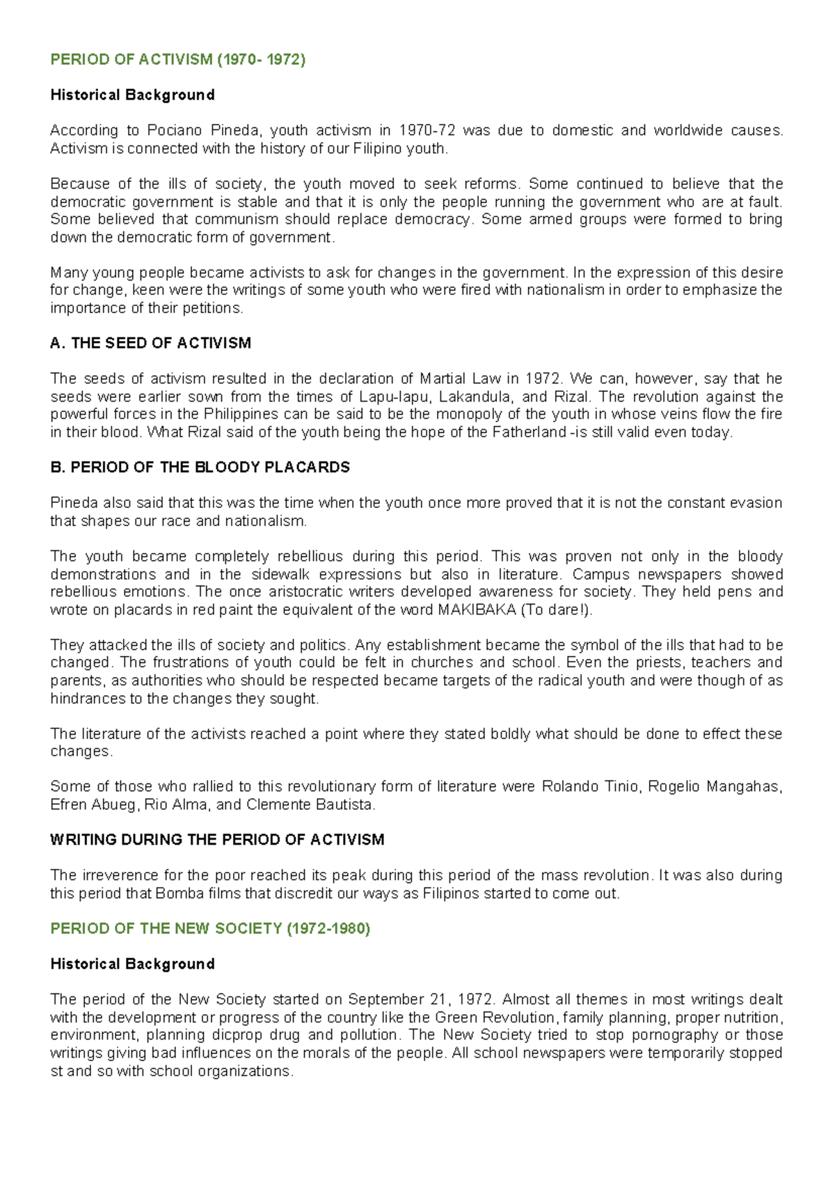 Period OF Activism TO Periods - PERIOD OF ACTIVISM (1970- 1972 ...