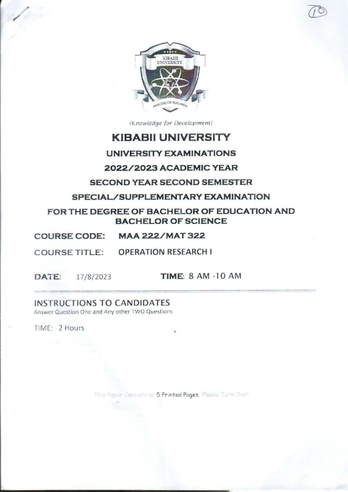 MAA 322 - Operation Research I Past Exam Paper - Studocu