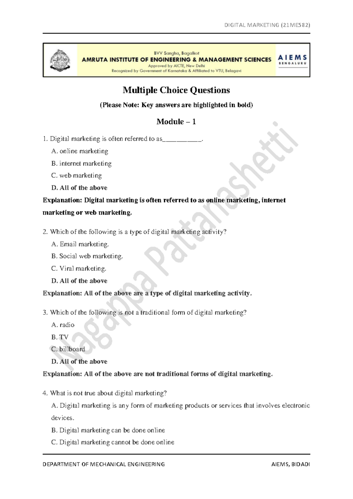 Digital Marketing MCQ Exam Prep with Answers (Module 1) - Studocu