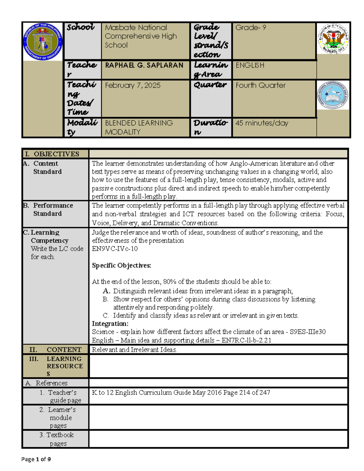 Relevant & Irrelevant Ideas in English 4 (Quarter 4) - Teaching Guide ...