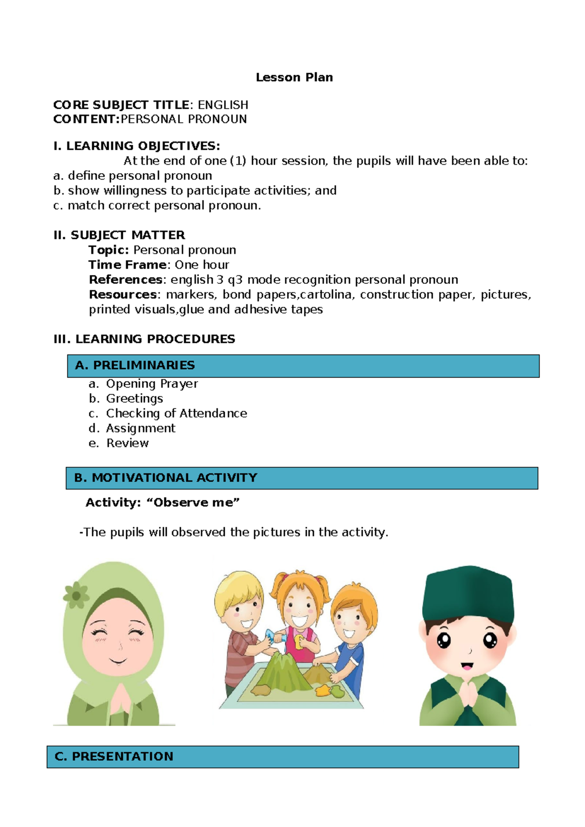 Final Demo Lesson Plan: Personal Pronouns for English 3 - Studocu