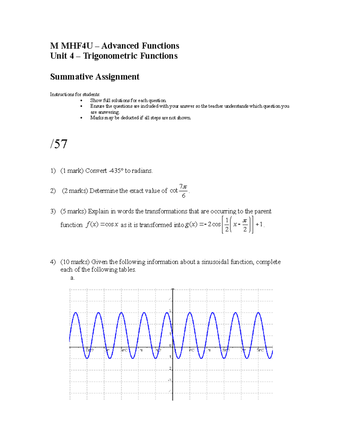 Unit 4 summative assignment 1 - M MHF4U – Advanced Functions Unit 4 ...