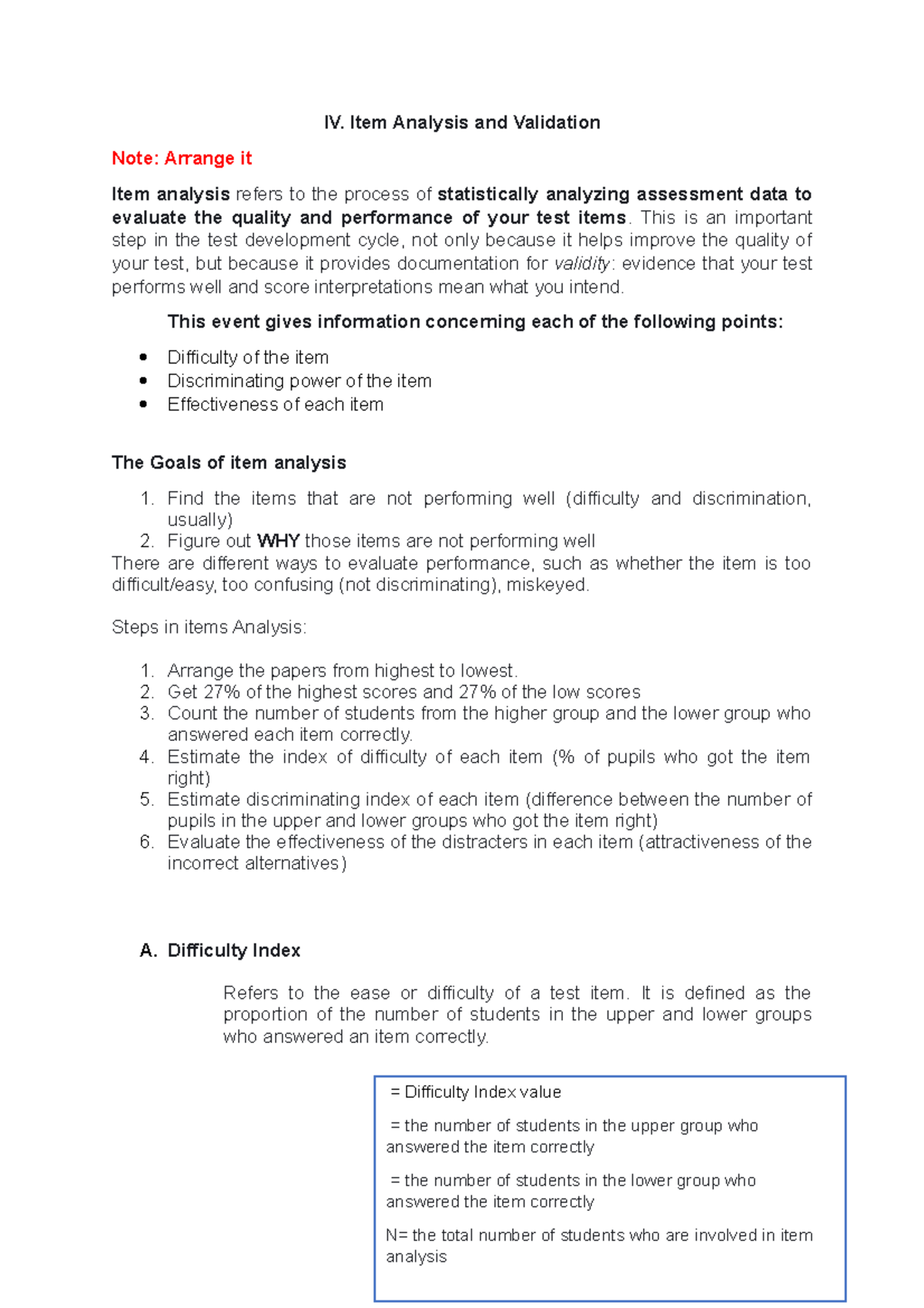 IV. Item Analysis and Validation Techniques for Test Quality Evaluation ...