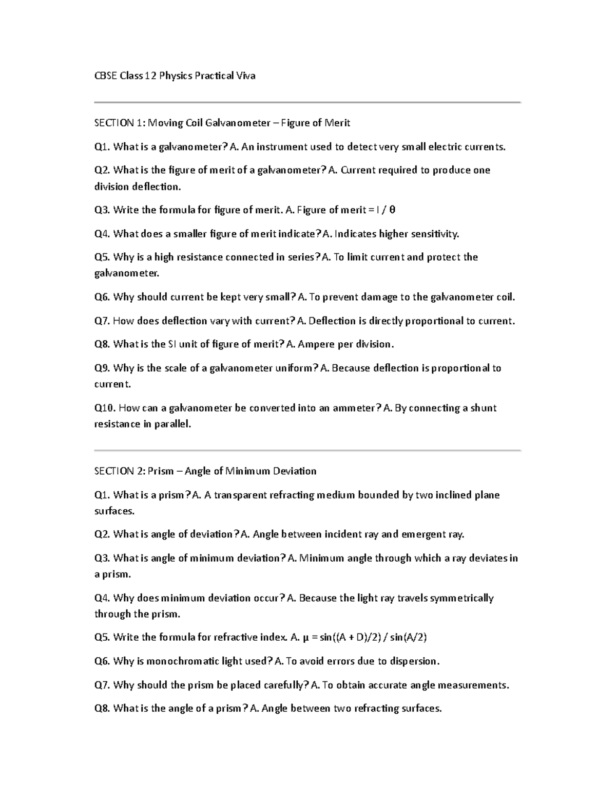CBSE Class 12 Physics Practical Viva Notes - Studocu