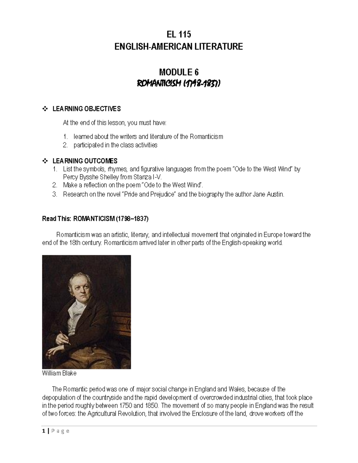 Module 6 EL115 - Exploring Romanticism in American Literature - Studocu