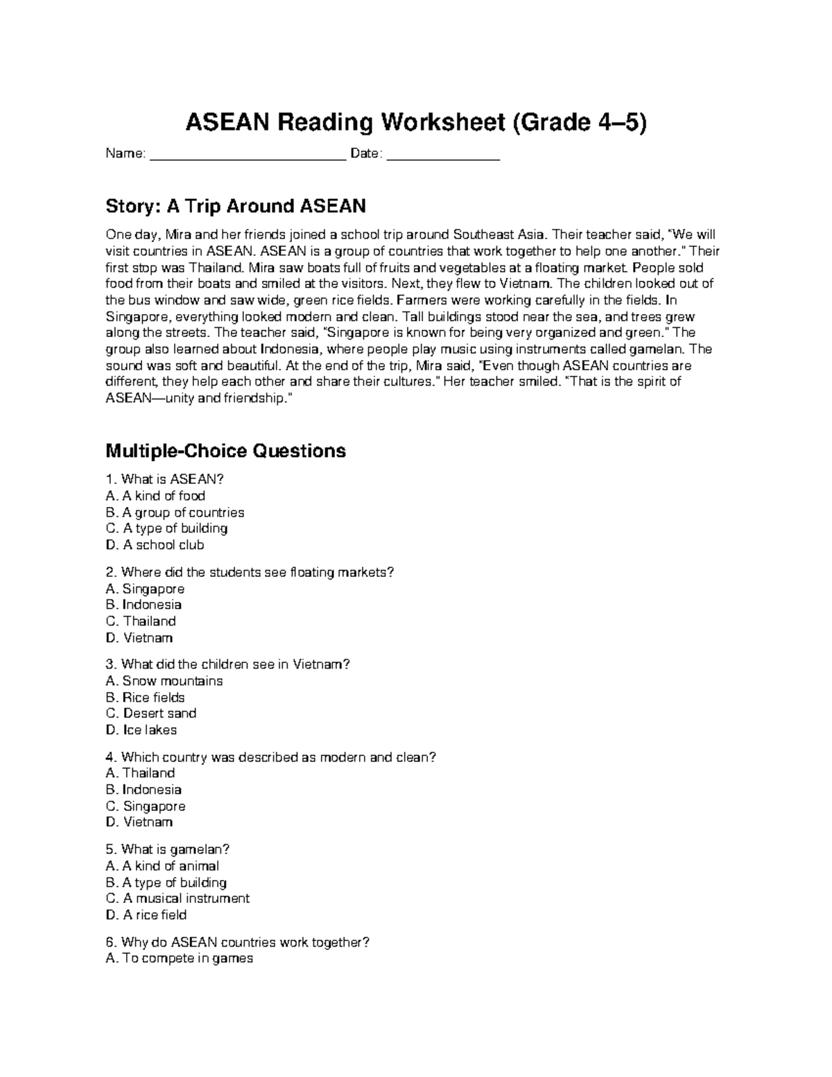 ASEAN Reading Worksheet for Grade 4: A Trip Around ASEAN - Studocu
