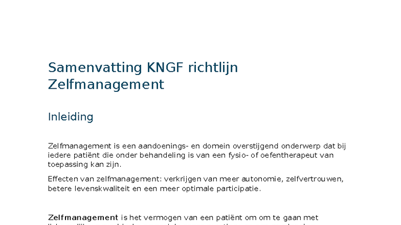 Samenvatting KNGF Richtlijn: Zelfmanagement en Patiëntenzorg - Studeersnel