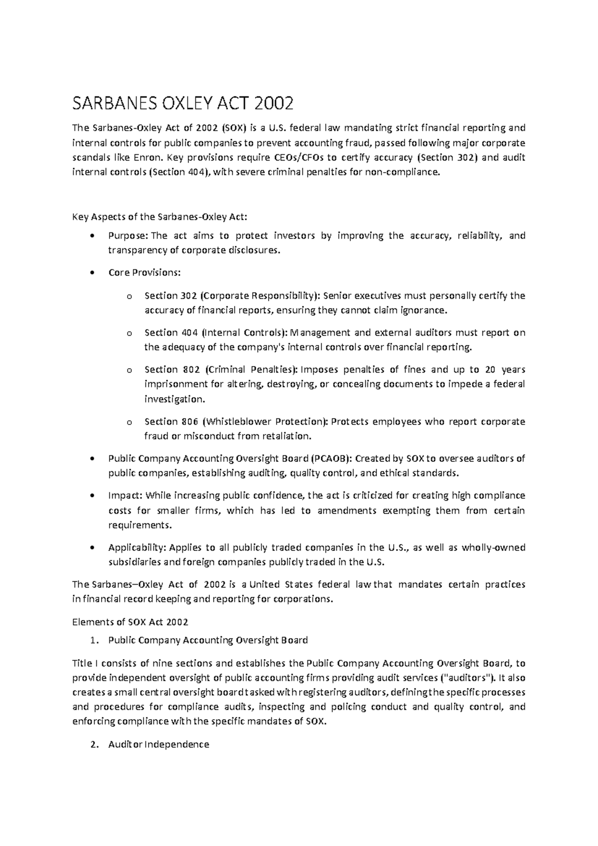 SOX 2002: Key Provisions and Impact on Corporate Governance - Studocu