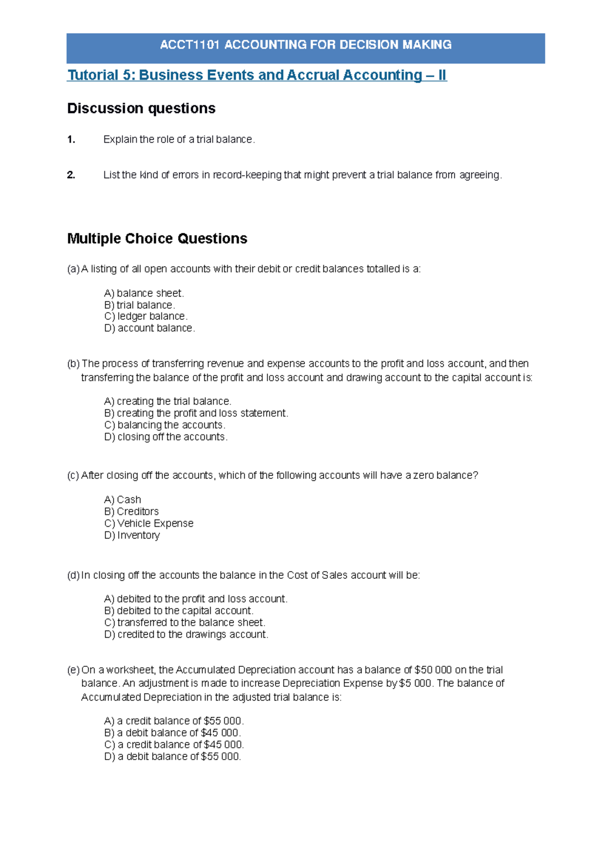 Tutorial 5 accounting - ACCT1101 ACCOUNTING FOR DECISION MAKING ...