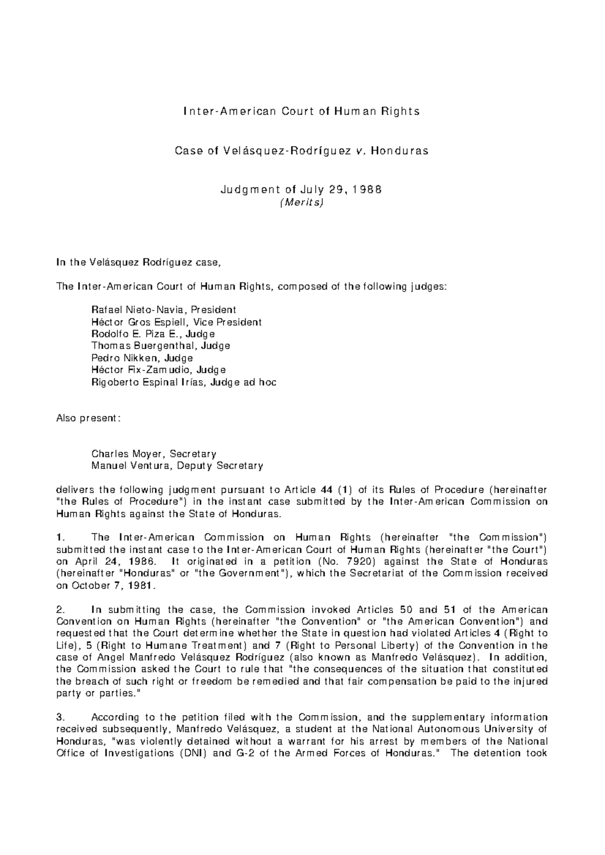 Velásquez Rodríguez v. Honduras: Judgment Analysis (Case Study) - Studocu