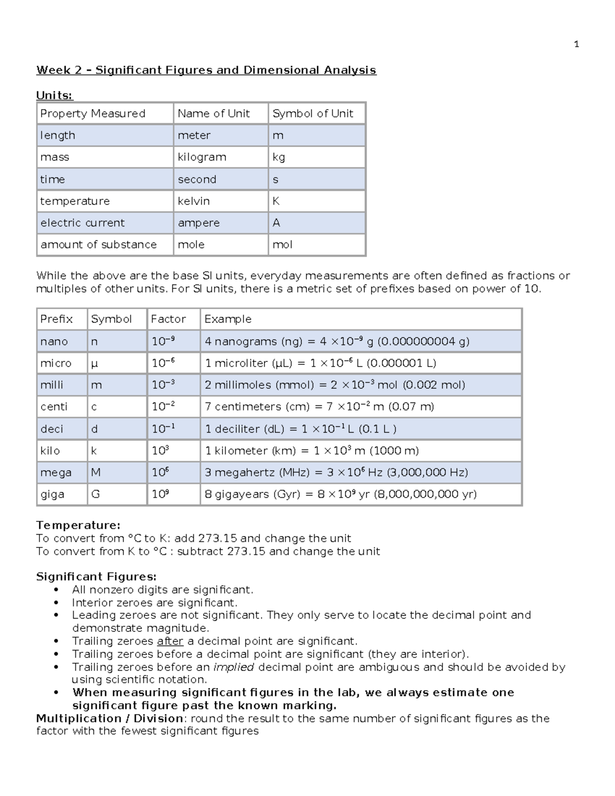 Week 2 - Significant Figures & Dimensional Analysis (SCI 101) - Studocu