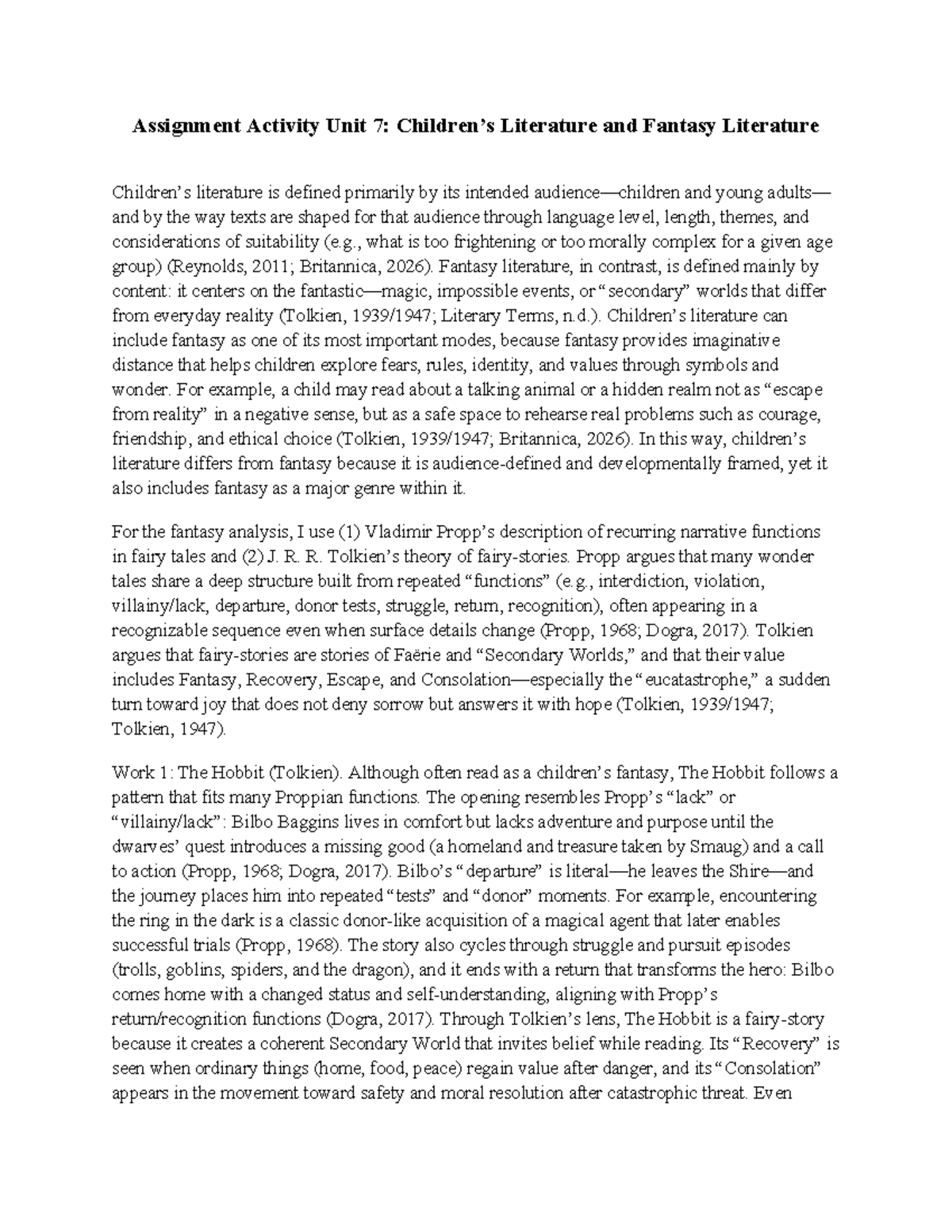 Unit 7 Assignment: Analyzing Fantasy in Children's Literature - Studocu