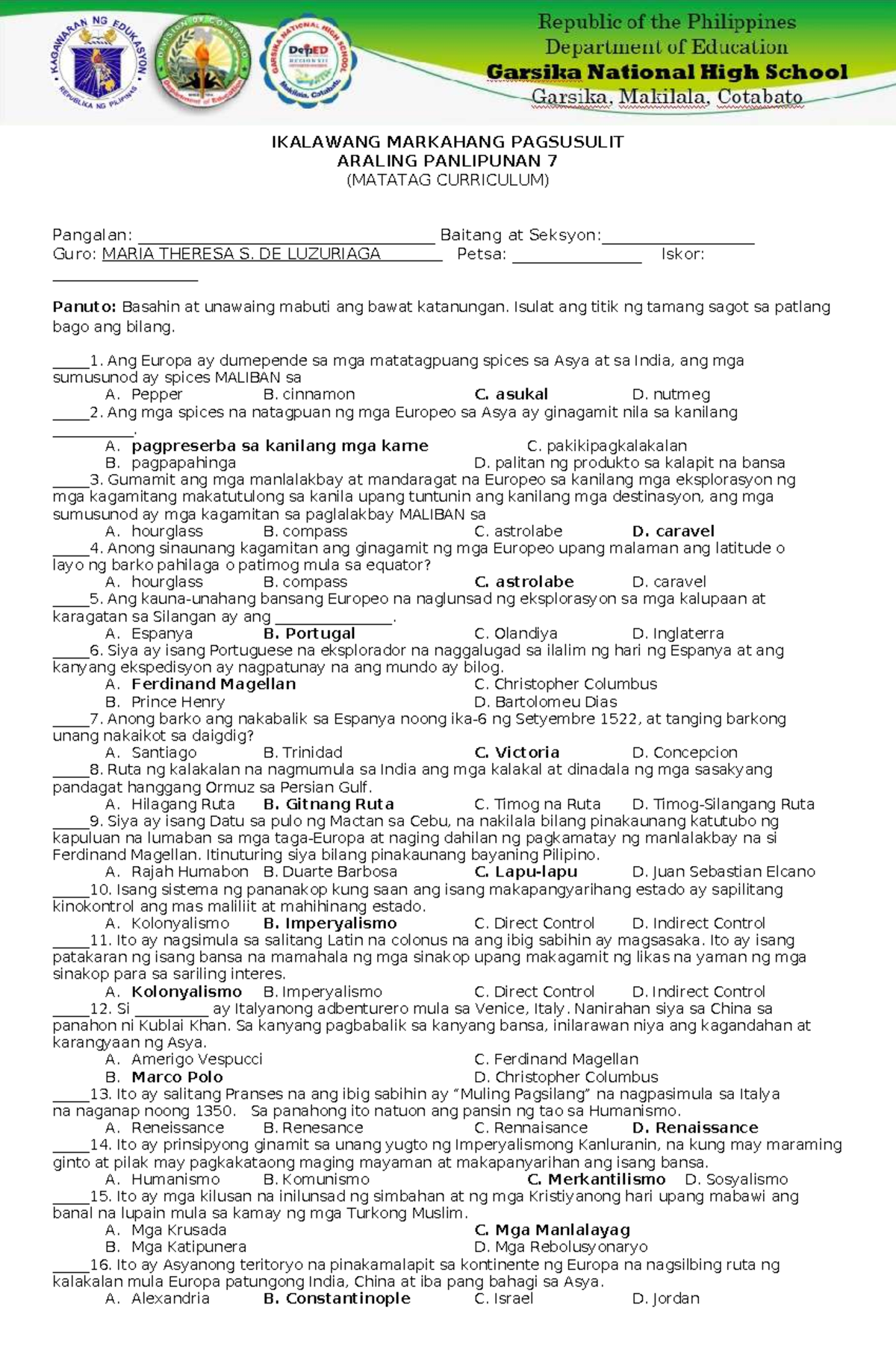 AP 7 (2nd Quarter Exam - Araling Panlipunan) - Studocu