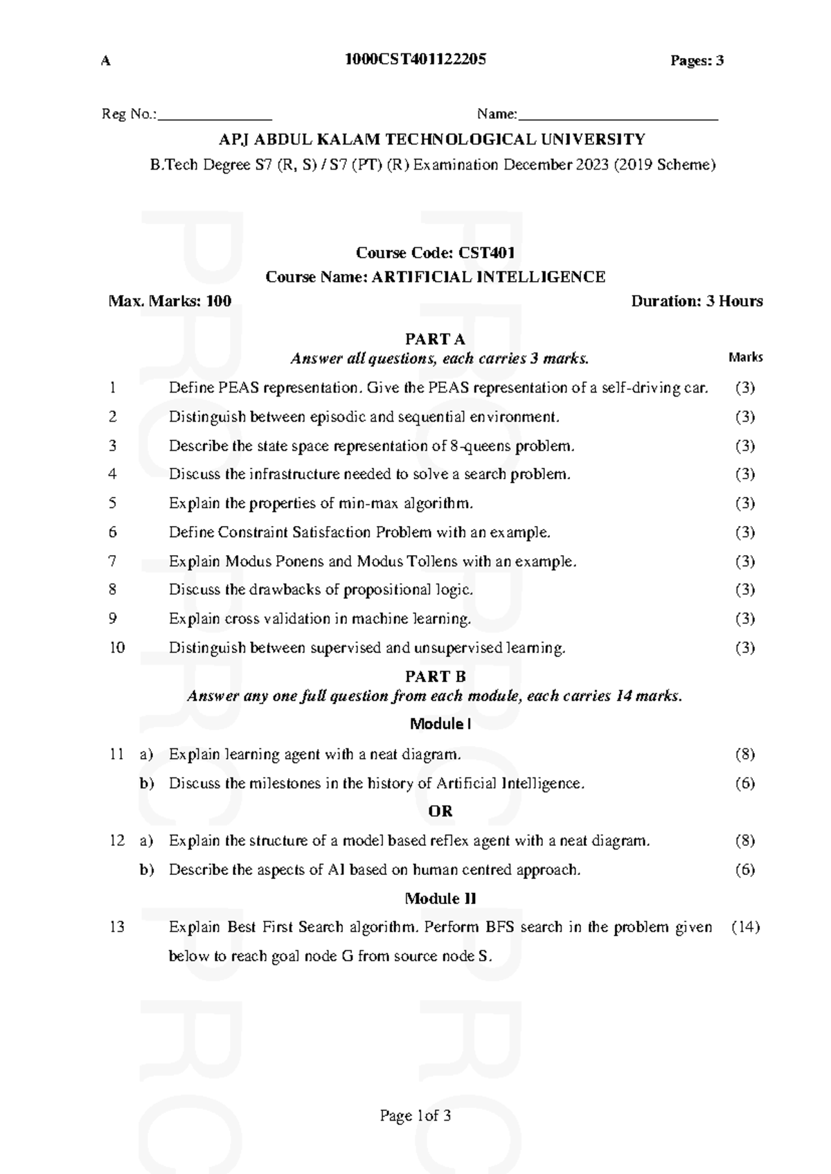 CST401-DEC23(R S) Artificial Intelligence Question Paper - Studocu