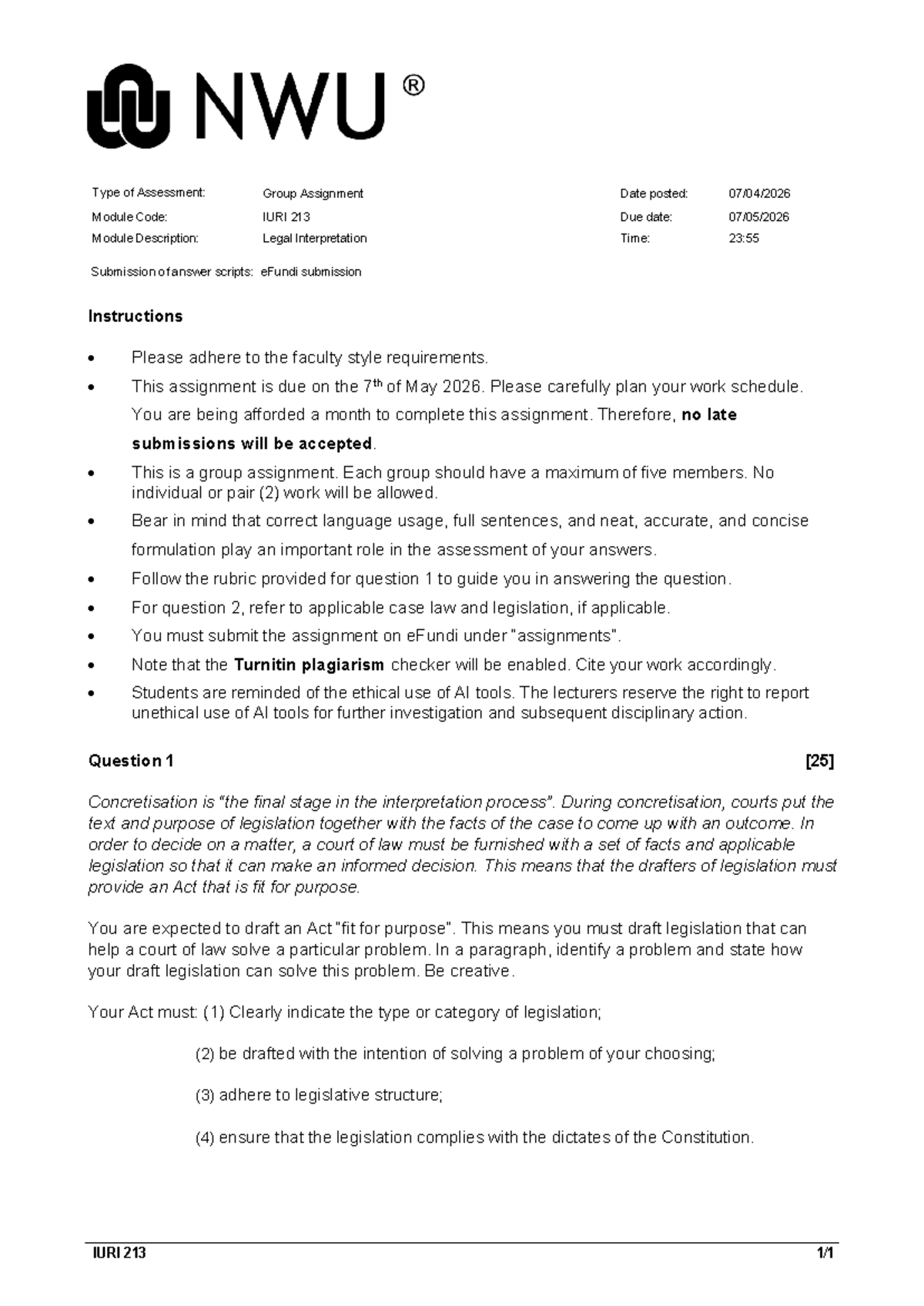 IURI 213 Group Assignment: Legal Interpretation & NHI Act Analysis ...
