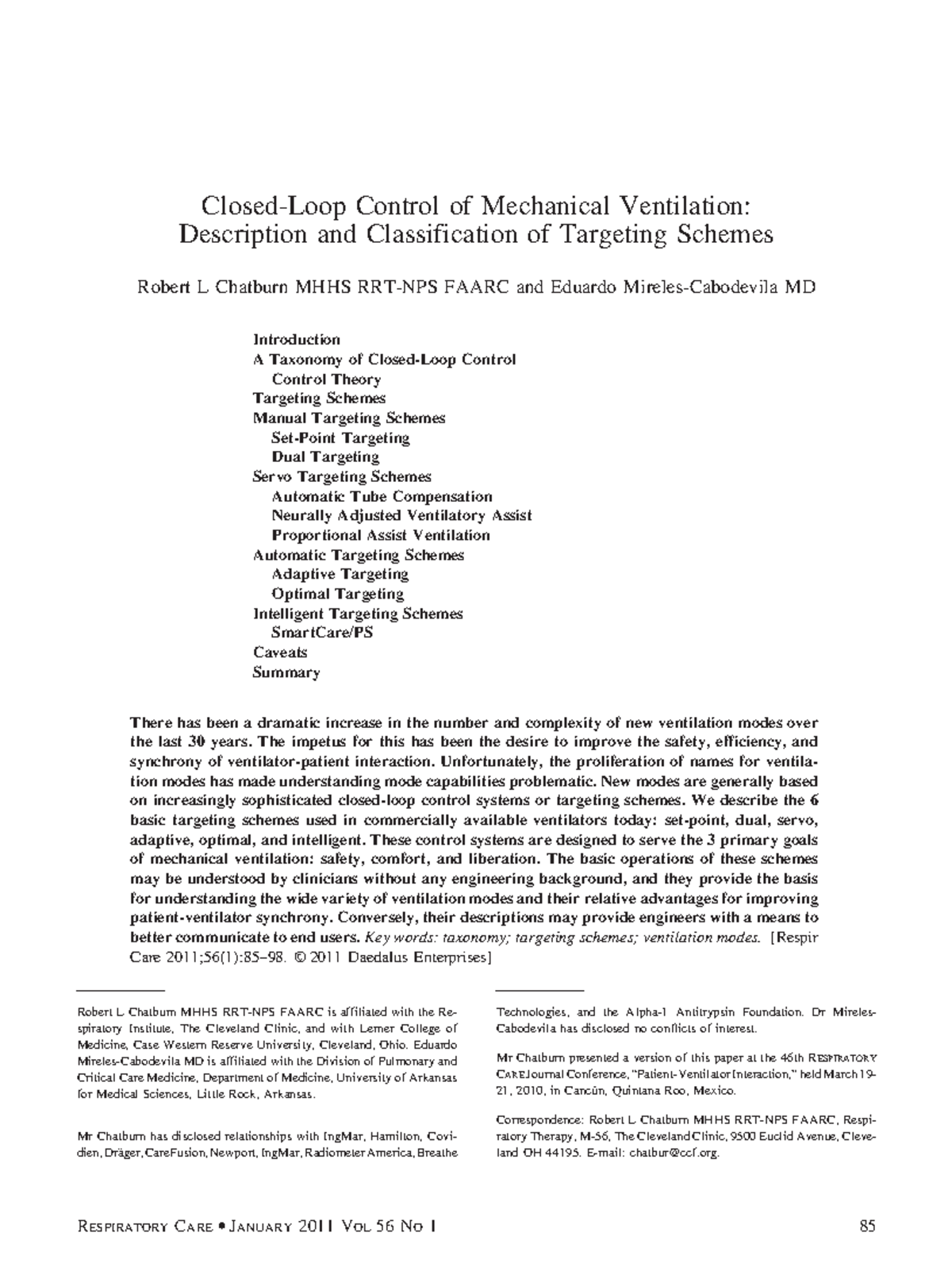 Closed-Loop Control of Mechanical Ventilation: Targeting Schemes ...
