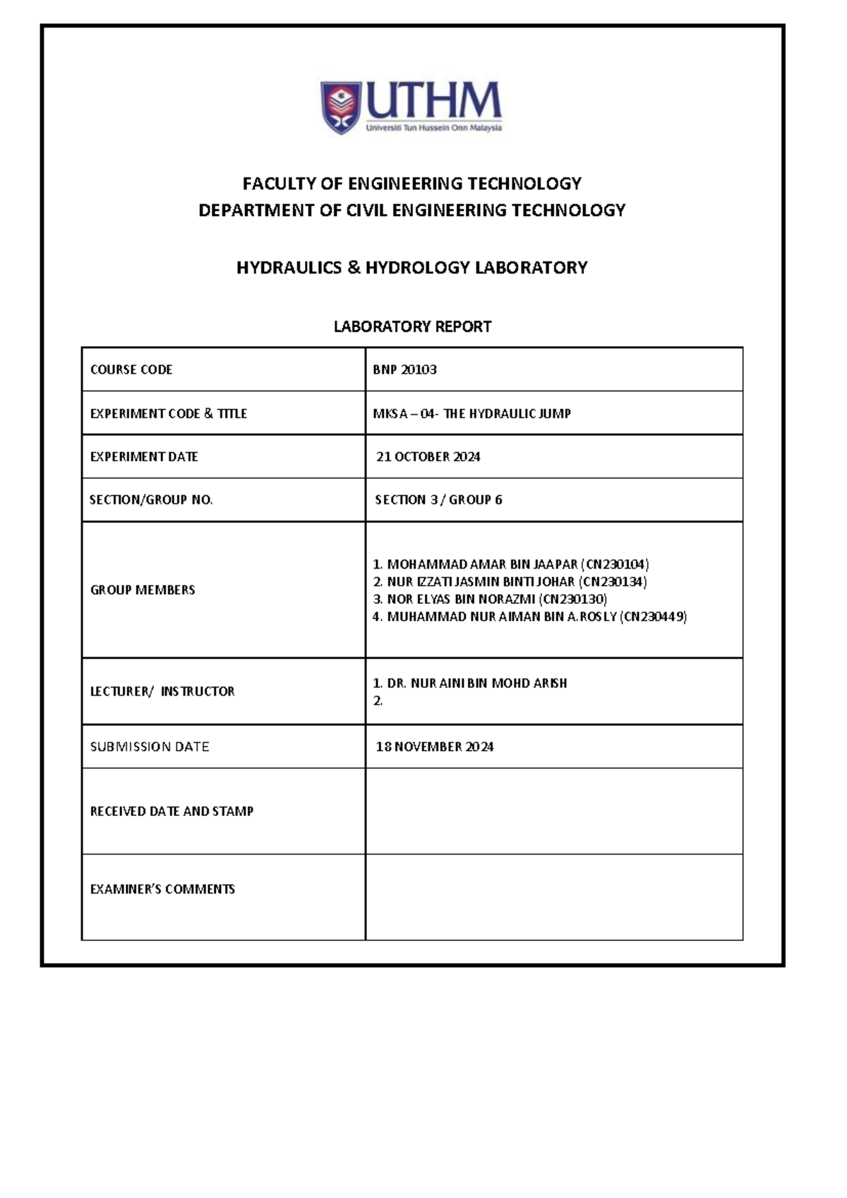 G6 Lab Report: Analysis of Hydraulic Jumps in BNP 20103 - Studocu