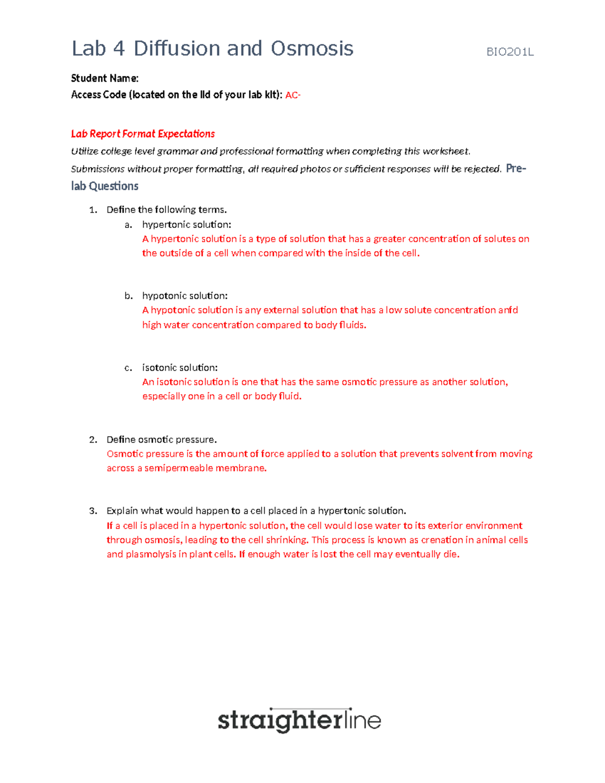 Lab 4: Diffusion and Osmosis in BIO201L - A&P 1 Experiment Report - Studocu