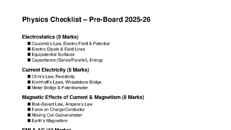 Physics Checklist: Electrostatics, Current, Magnetism & Optics - Studocu