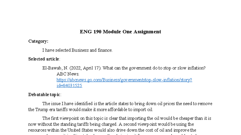 ENG 190 Module One Assignment: Analyzing Oil Price Inflation Solutions ...