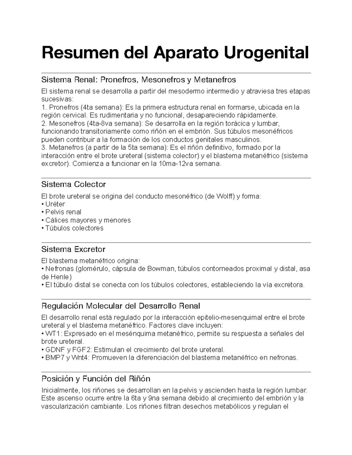 Resumen del Desarrollo del Sistema Renal: Pronefros, Mesonefros y ...