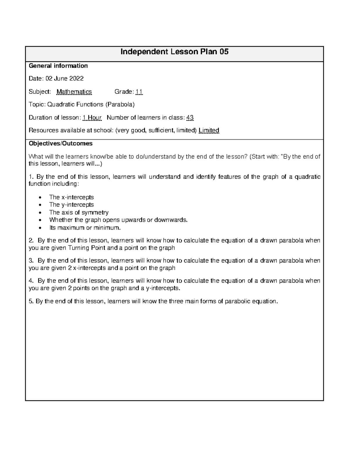 Independent Lesson Plan 05: Quadratic Functions for Grade 11 - Studocu