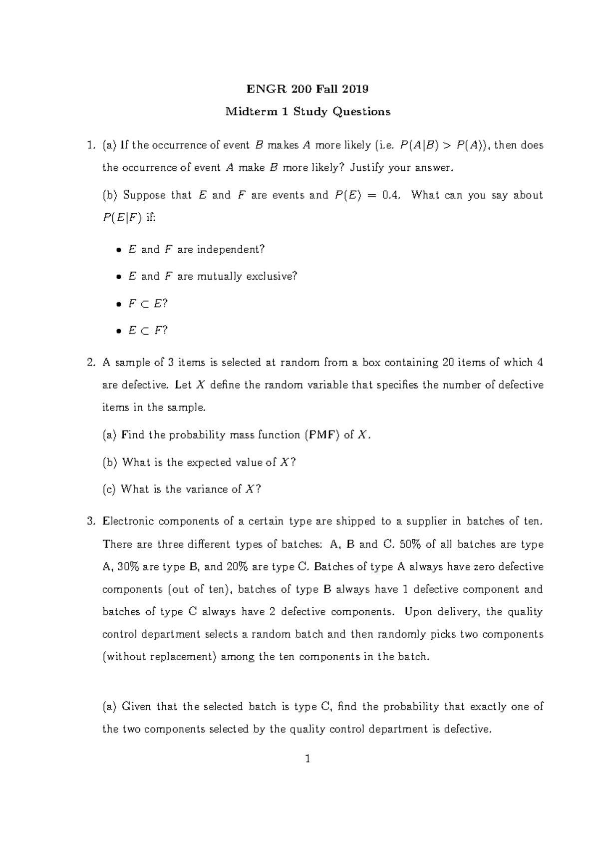 ENGR 200 Fall 2019 Midterm 1 Study Guide and Questions - Studocu