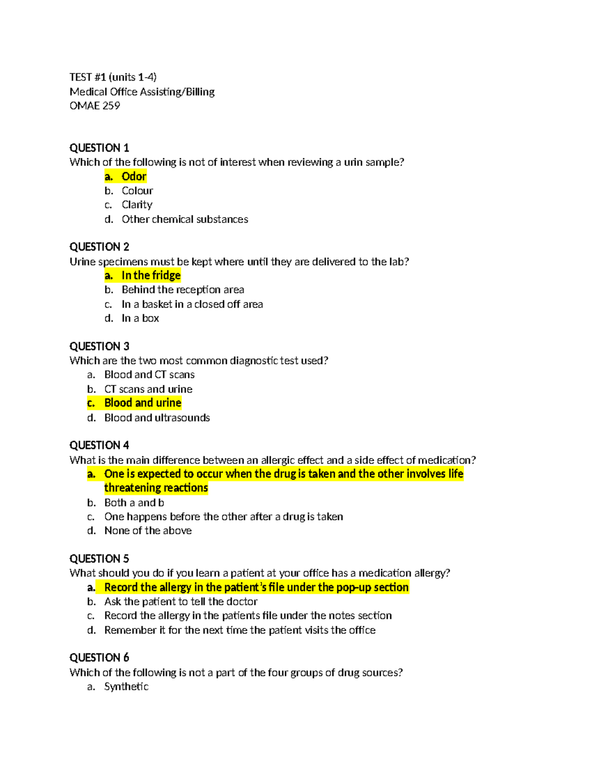 OMAE 259 Medical Office Assisting/Billing Test #1 Review (Units 1-4 ...