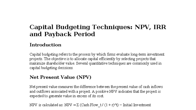 Capital Budgeting Techniques: NPV, IRR & Payback Period Notes - Studocu