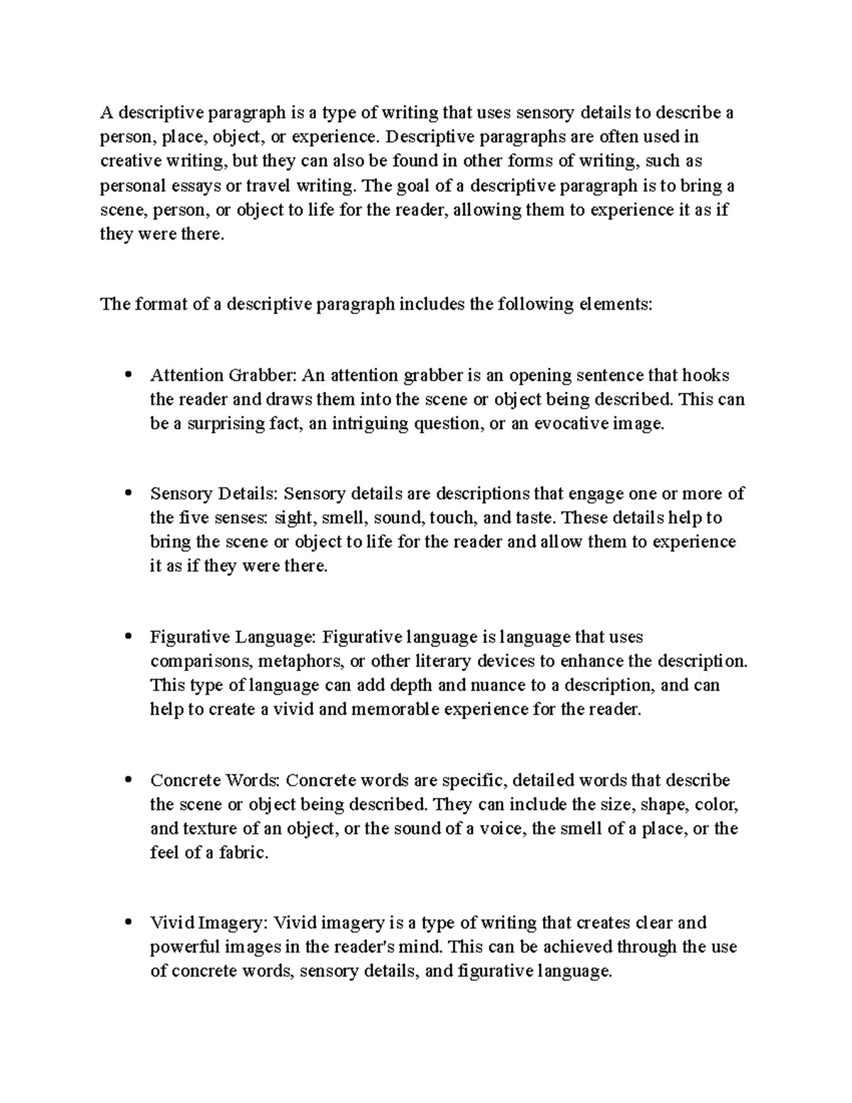 Descriptive paragraph - Descriptive paragraphs are often used in ...