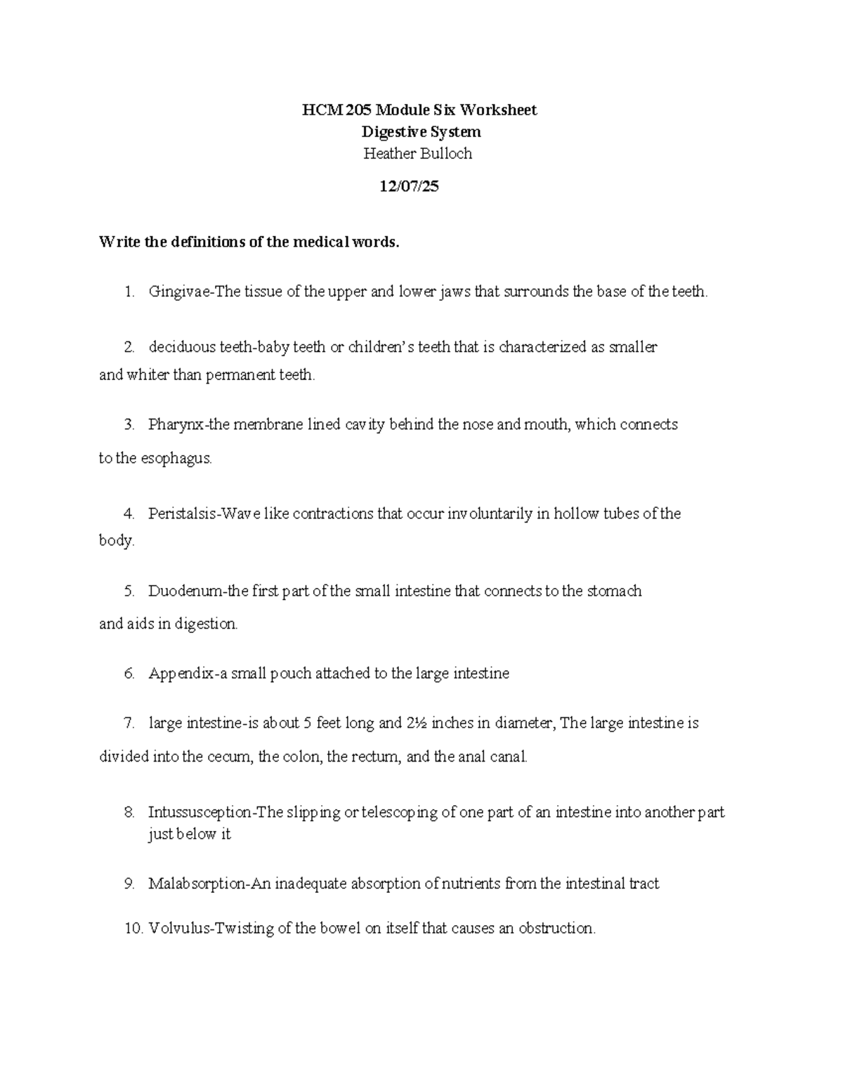 HCM 205 Module 6 Worksheet: Digestive System Definitions & Terms - Studocu