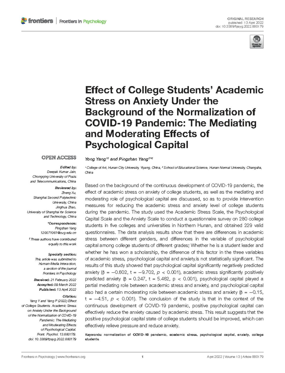Effect of Academic Stress on Anxiety in College Students: The Role of ...