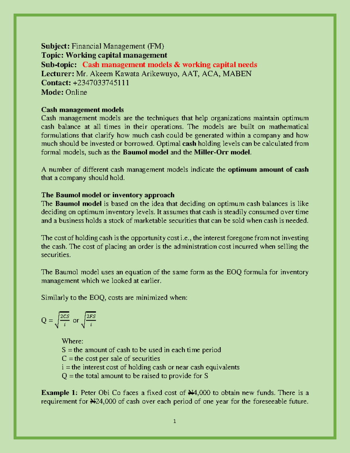 Cash Management Models & Working Capital Needs (FM) - Studocu
