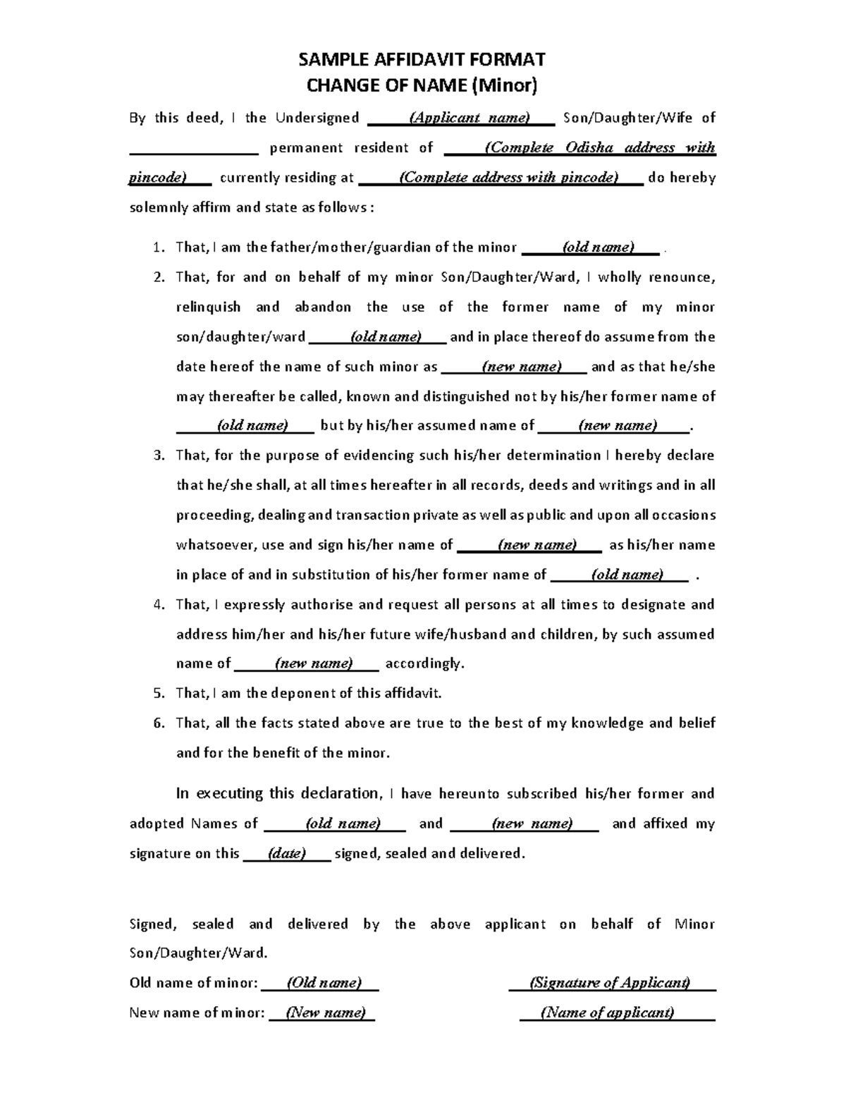 Affidavit Format for Name Change of Minor Under 18 Years - Studocu