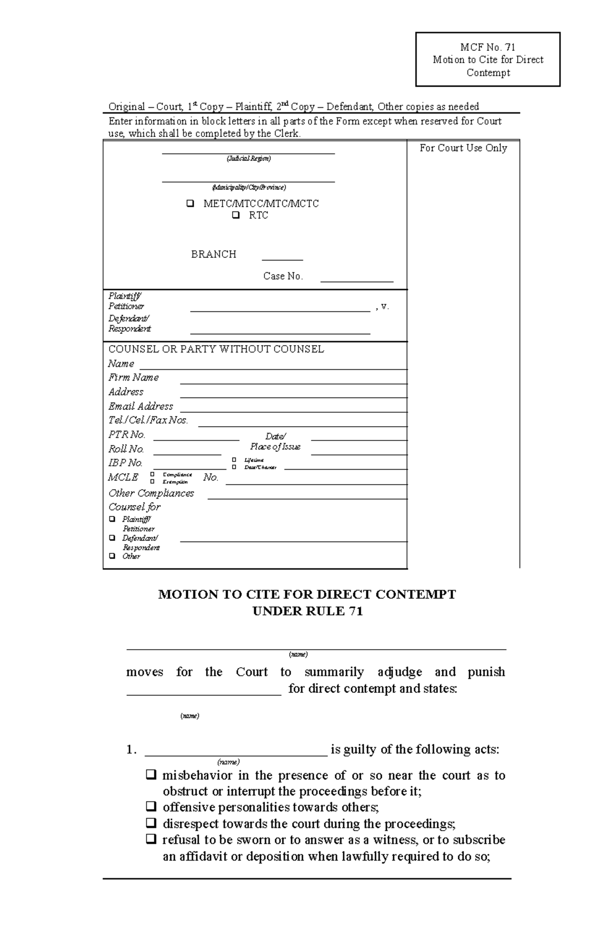 MCF 71 Motion to Cite for Direct Contempt - Court Procedure Guide - Studocu