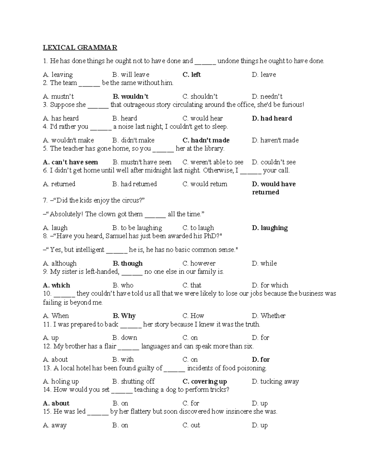 Lexical Grammar Exercises for Course LEX 101: Practice Questions - Studocu
