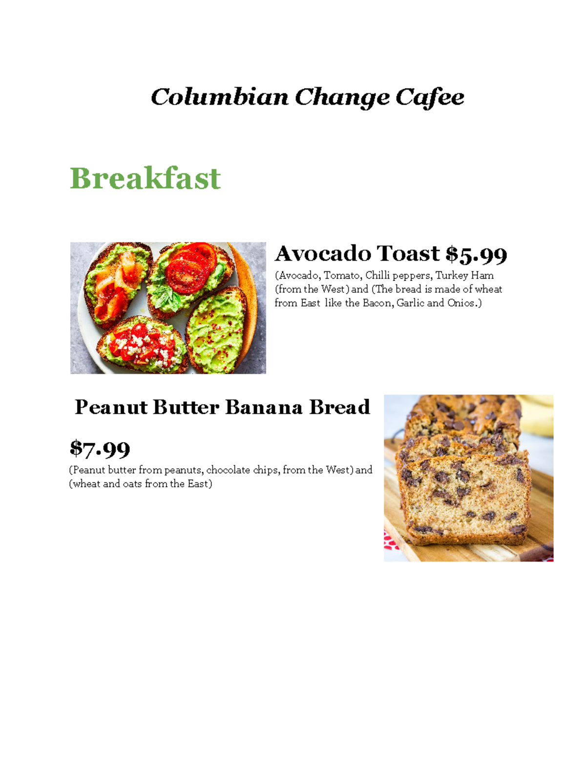 Columbian Exchange Cafee Menu: A Culinary Journey for All - Studocu