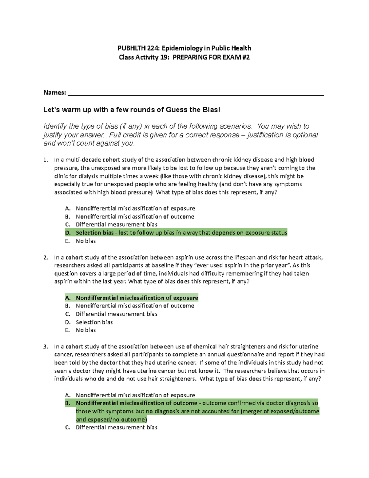 PUBHLTH 224: Class activity 19 exam prep and bias identification - Studocu