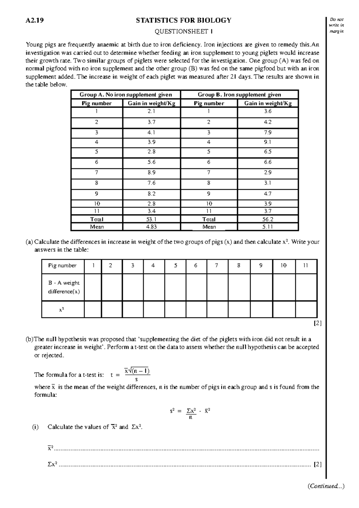 A219 Statistics in Biology: Questions and Investigations - Studocu