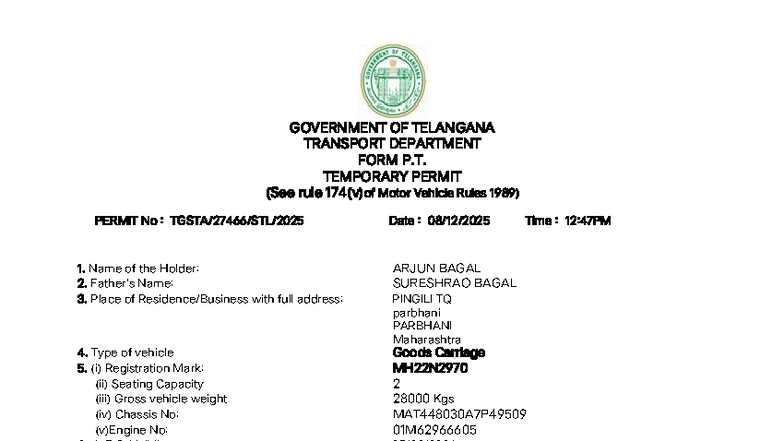 Temporary Permit Form P T - Telangana Transport Dept. - Studocu